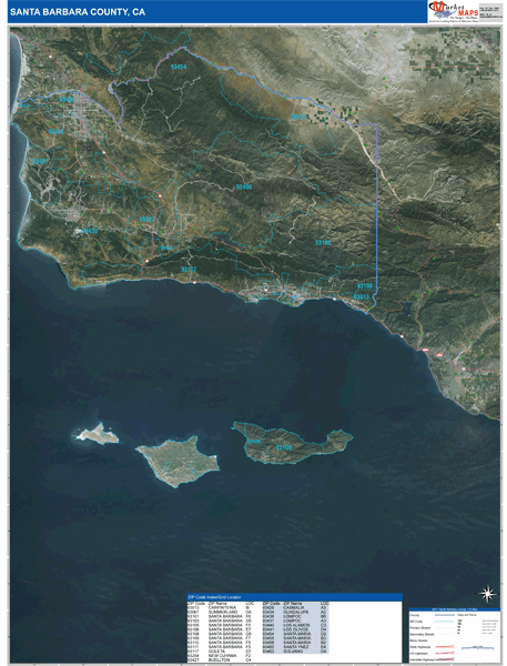 Santa Barbara County, CA Wall Map Satellite ZIP Style by MarketMAPS ...