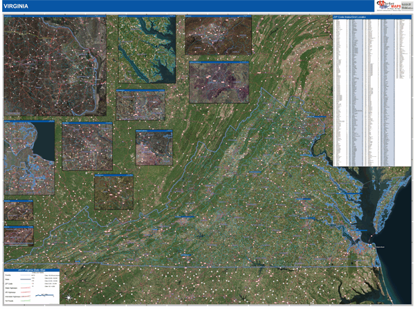 Virginia Wall Map Satellite ZIP Style by MarketMAPS - MapSales