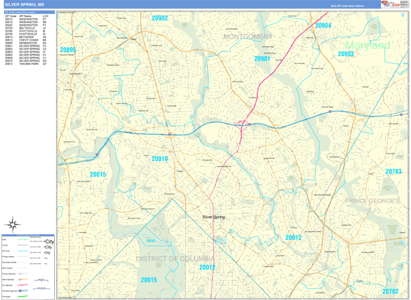Silver Spring Maryland Wall Map (Basic Style) by MarketMAPS - MapSales