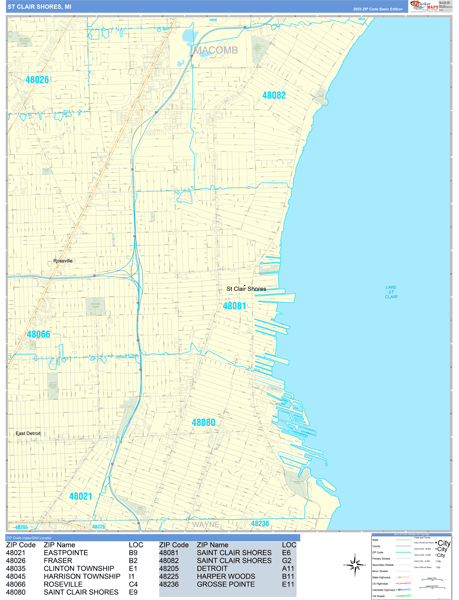 St. Clair Shores Michigan Zip Code Wall Map (Basic Style) by MarketMAPS ...