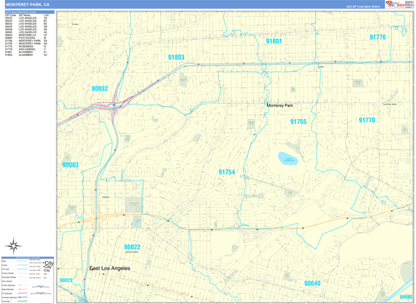 Monterey Park California Zip Code Wall Map (Basic Style) by MarketMAPS ...
