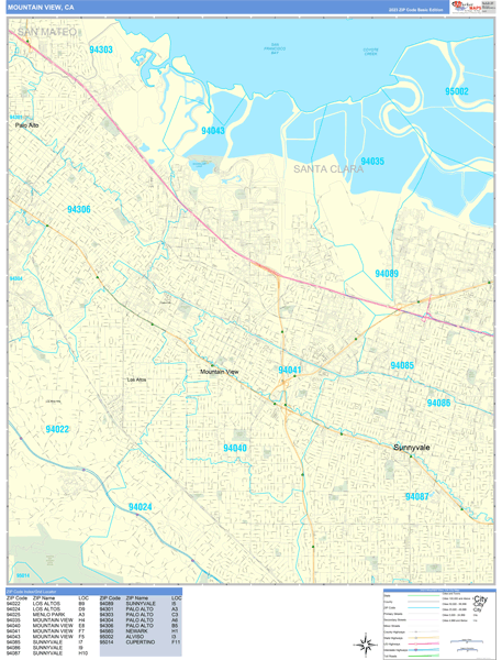 Mountain View California Zip Code Wall Map (Basic Style) by MarketMAPS ...
