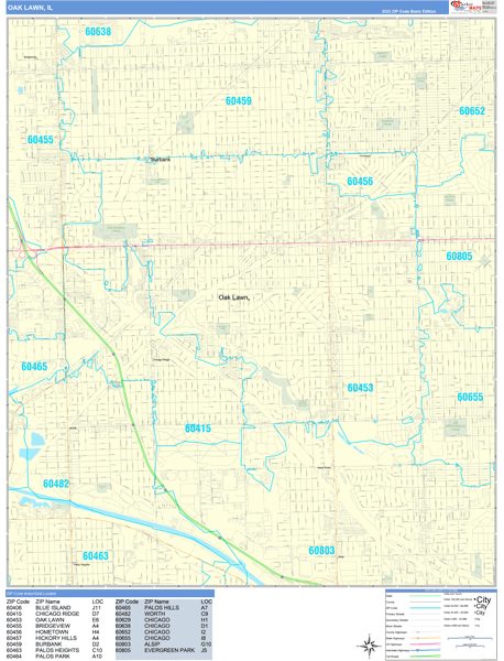 Oak Lawn Illinois Zip Code Wall Map (Basic Style) by MarketMAPS - MapSales