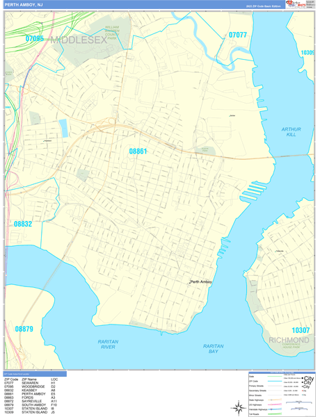 Perth Amboy New Jersey Zip Code Wall Map (Basic Style) by MarketMAPS ...