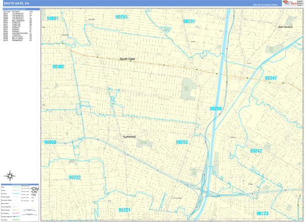 South Gate California Zip Code Wall Map (Basic Style) by MarketMAPS ...