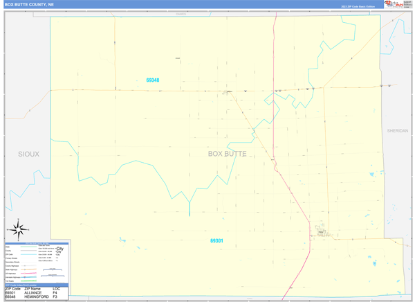 Box Butte County, NE Zip Code Wall Map Basic Style by MarketMAPS - MapSales