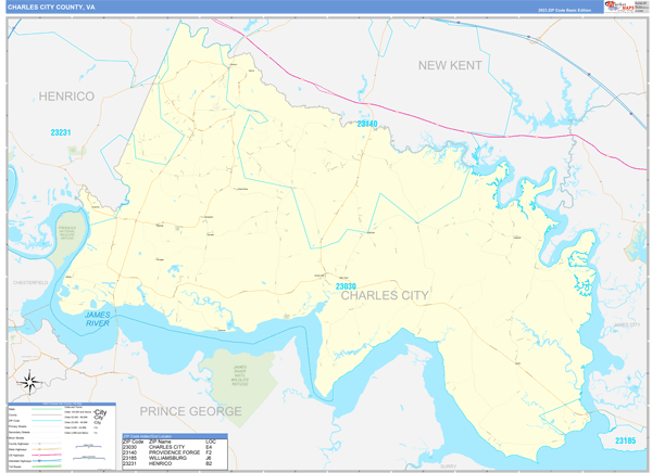 Charles City County, VA Zip Code Wall Map Basic Style by MarketMAPS ...