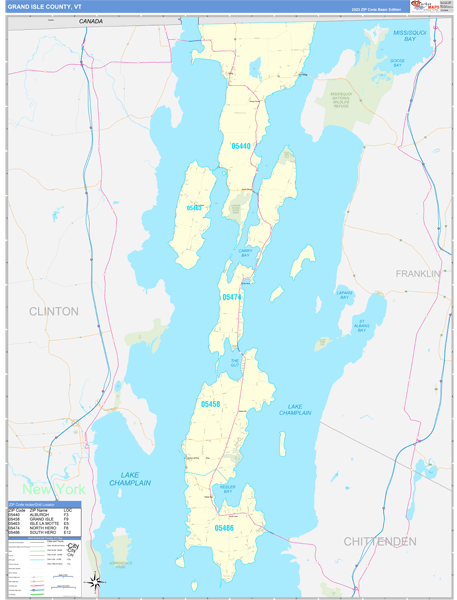 Grand Isle County, VT Zip Code Wall Map Basic Style by MarketMAPS ...