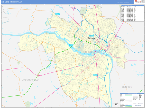 Richmond City County, VA Zip Code Wall Map Basic Style by MarketMAPS ...