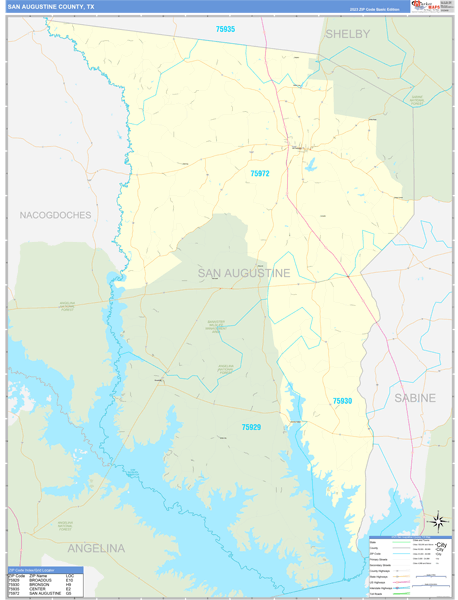 San Augustine County, TX Zip Code Wall Map Basic Style by MarketMAPS ...