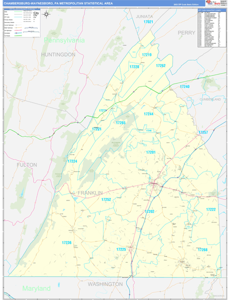 Chambersburg-Waynesboro, PA Metro Area Wall Map Basic Style by ...