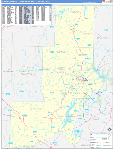 Durham-Chapel Hill, NC Metro Area Wall Map Basic Style by MarketMAPS ...