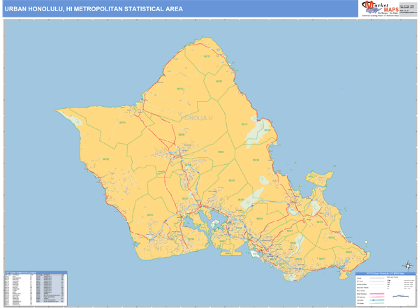Urban Honolulu, HI Metro Area Wall Map Basic Style by MarketMAPS - MapSales
