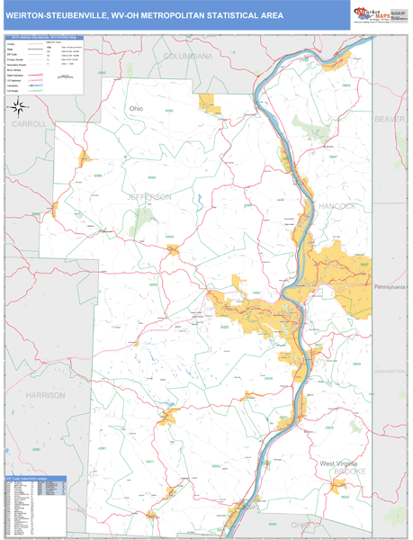 Weirton-Steubenville, WV Metro Area Wall Map Basic Style by MarketMAPS ...