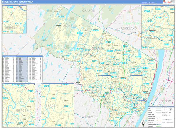 Bergen-Passaic, NJ Metro Area Wall Map Basic Style by MarketMAPS - MapSales