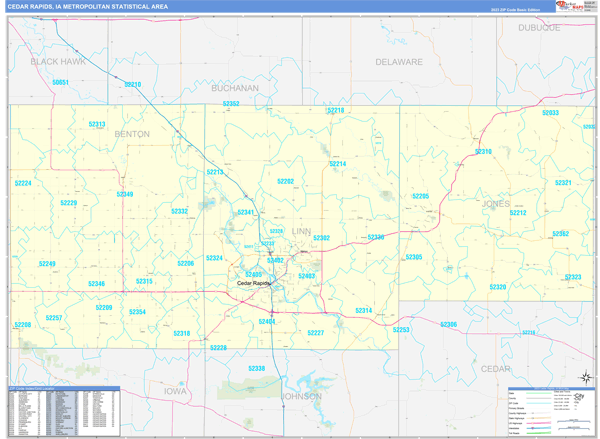 Cedar Rapids, IA Metro Area Wall Map Basic Style by MarketMAPS - MapSales