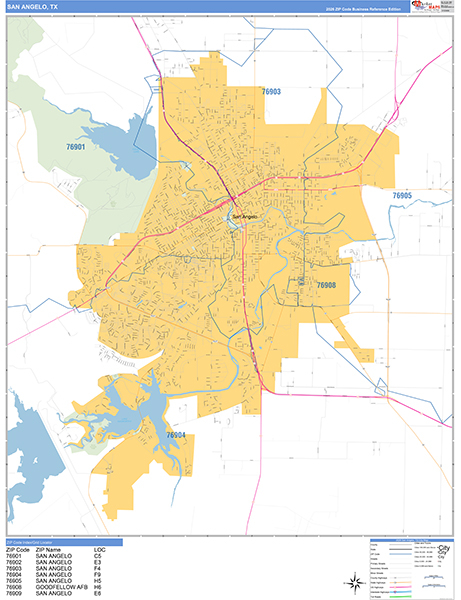 San Angelo Texas Zip Code Wall Map (Basic Style) by MarketMAPS - MapSales
