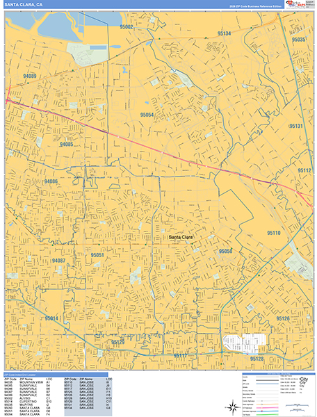 Santa Clara California Wall Map (Basic Style) by MarketMAPS - MapSales