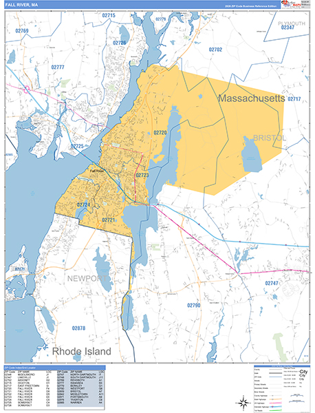 Fall River Massachusetts Wall Map (Basic Style) by MarketMAPS - MapSales