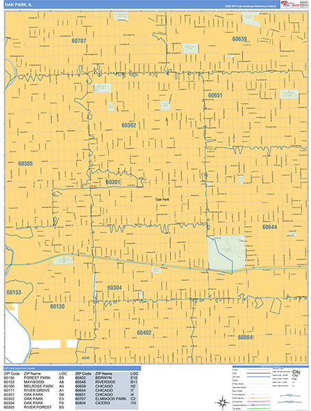Oak Park Illinois Zip Code Wall Map (Basic Style) by MarketMAPS - MapSales