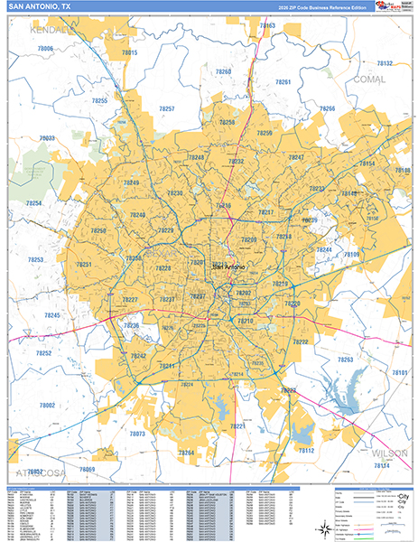 San Antonio Texas Zip Code Wall Map (Basic Style) by MarketMAPS - MapSales