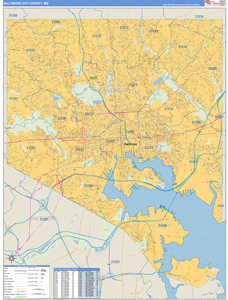 Baltimore City County, MD Zip Code Wall Map Basic Style by MarketMAPS ...