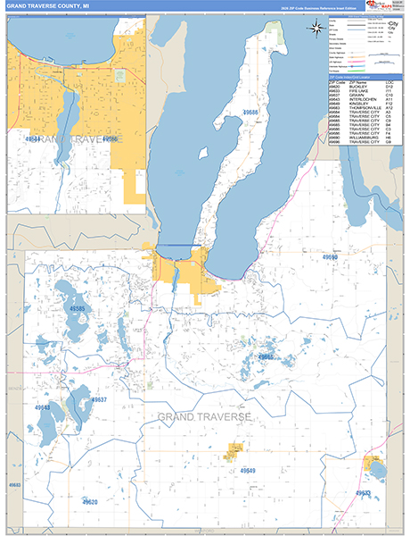 Grand Traverse County, MI Zip Code Wall Map Basic Style by MarketMAPS ...
