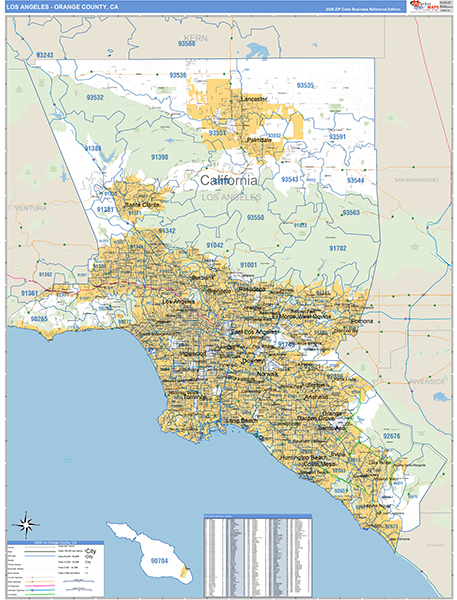 Los Angeles-Orange County, CA Zip Code Wall Map Basic Style by ...