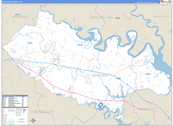 New Kent County, VA Zip Code Wall Map Basic Style by MarketMAPS - MapSales