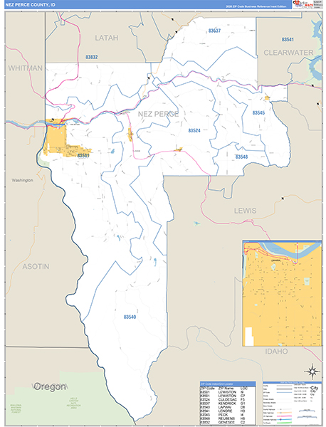 Nez Perce County, ID Zip Code Wall Map Basic Style by MarketMAPS - MapSales