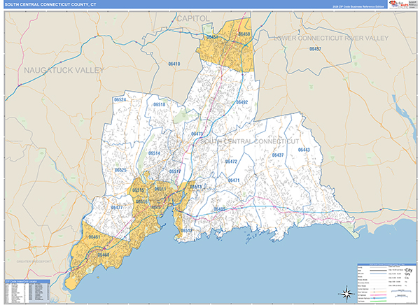South Central Connecticut County, CT Carrier Route Wall Map Basic Style ...