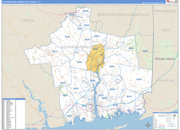 Southeastern Connecticut County, CT Carrier Route Wall Map Basic Style ...