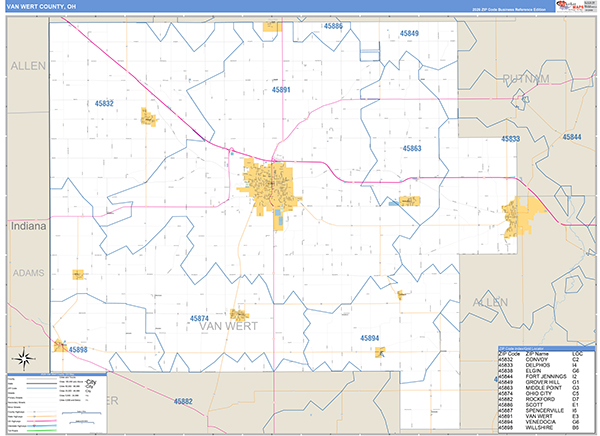 Van Wert County, OH Zip Code Wall Map Basic Style by MarketMAPS - MapSales