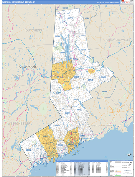 Western Connecticut County, CT Zip Code Wall Map Basic Style by ...