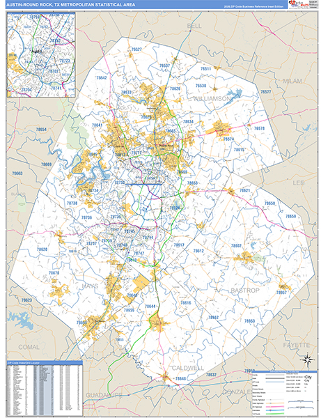 Austin-Round Rock, TX Metro Area Wall Map Basic Style by MarketMAPS ...