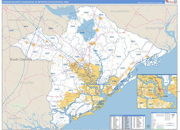 Charleston-North Charleston, SC Metro Area Wall Map Basic Style by ...
