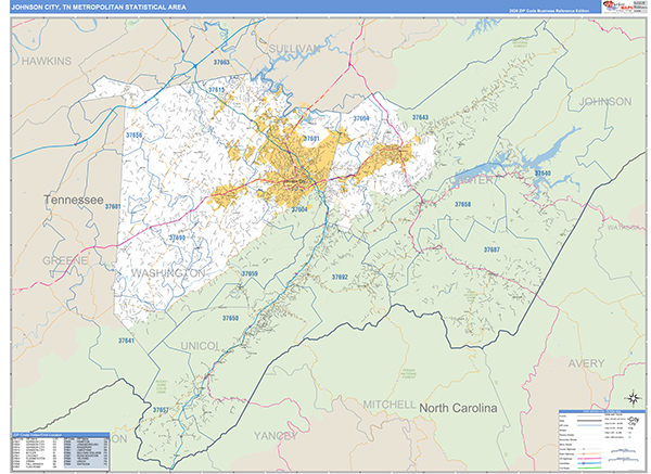 Johnson City, TN Metro Area Wall Map Basic Style by MarketMAPS - MapSales