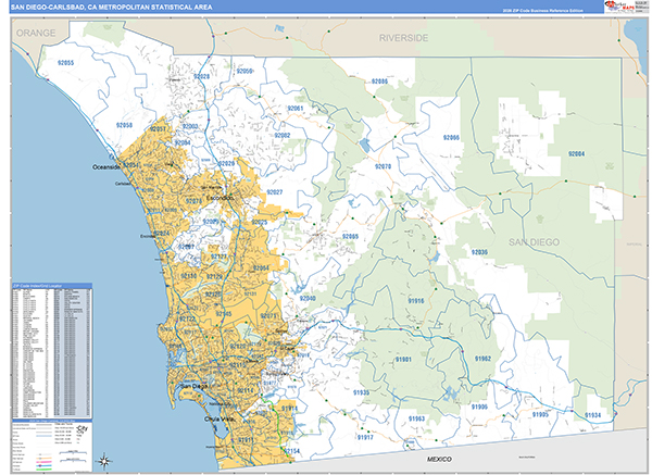 San Diego-Carlsbad, CA Metro Area Wall Map Basic Style by MarketMAPS ...