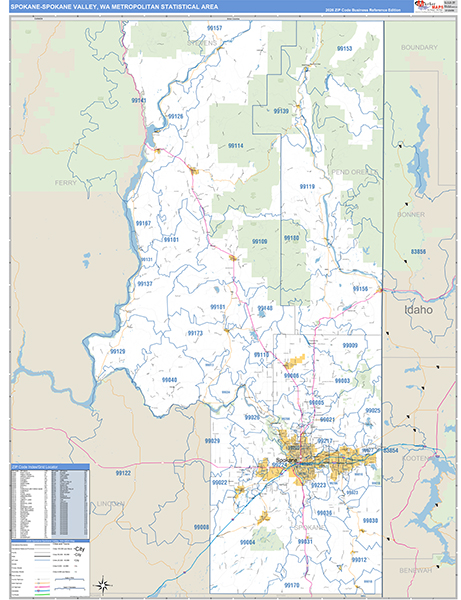 Spokane-Spokane Valley, WA Metro Area Wall Map Basic Style by ...