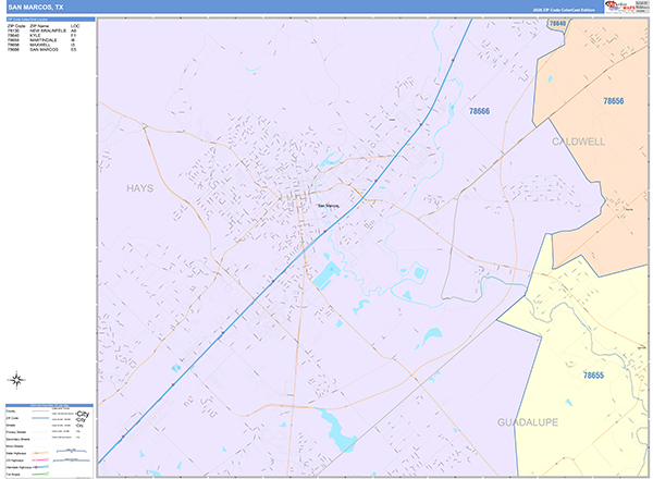 San Marcos Texas Wall Map (Color Cast Style) by MarketMAPS - MapSales