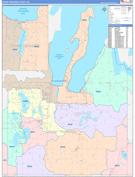 Grand Traverse County, MI Wall Map Color Cast Style by MarketMAPS ...
