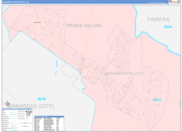 Manassas Park County, VA Wall Map Color Cast Style by MarketMAPS - MapSales