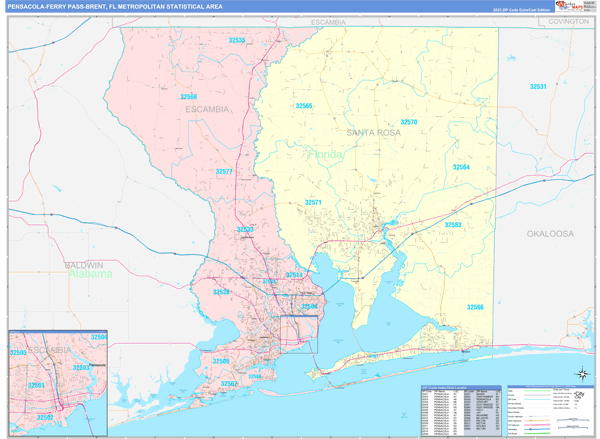 Pensacola-Ferry Pass-Brent, FL Metro Area Wall Map Color Cast Style by ...