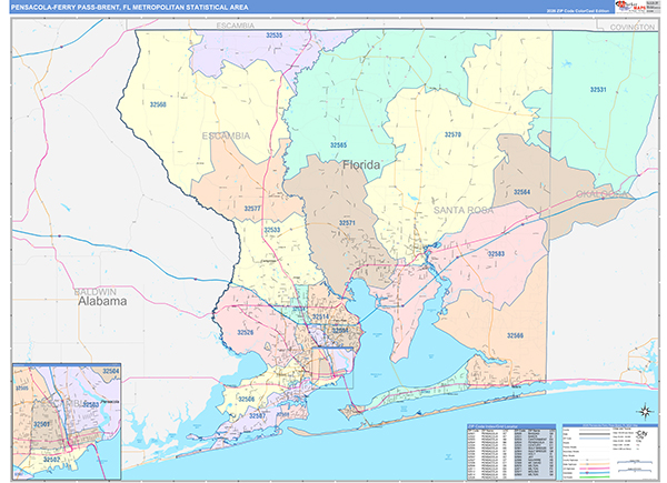 Pensacola-Ferry Pass-Brent, FL Metro Area Wall Map Color Cast Style by ...