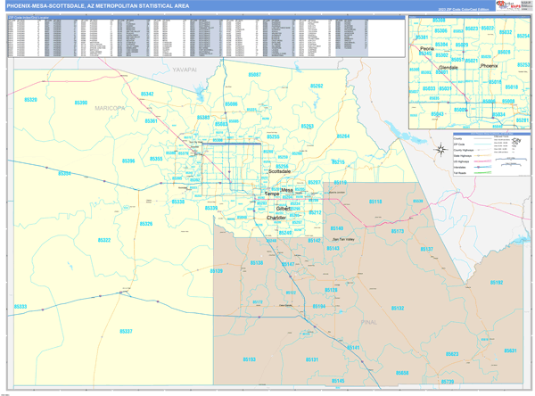 Phoenix-Mesa-Scottsdale, AZ Metro Area Wall Map Color Cast Style by ...