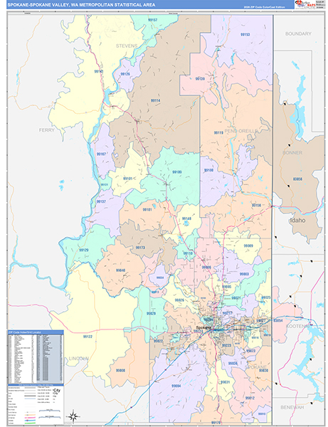 Spokane-Spokane Valley, WA Metro Area Wall Map Color Cast Style by ...