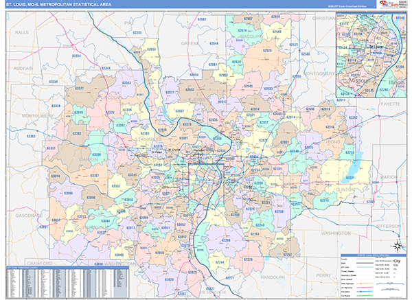 St. Louis, MO Metro Area Wall Map Color Cast Style by MarketMAPS - MapSales