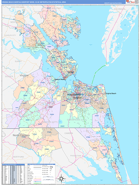 Virginia Beach-Norfolk-Newport News, VA Metro Area Wall Map Color Cast ...