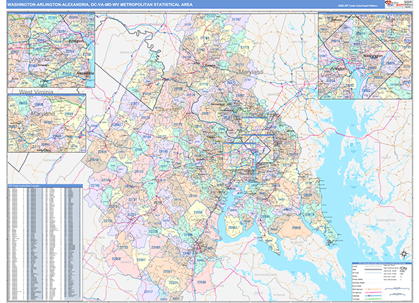 Wall Maps of Washington-Arlington-Alexandria Metro Area District Of ...