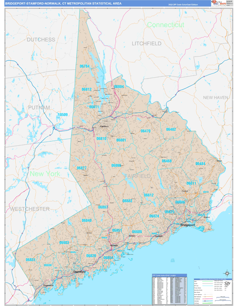 Bridgeport-Stamford-Norwalk, CT Metro Area Wall Map Color Cast Style by ...